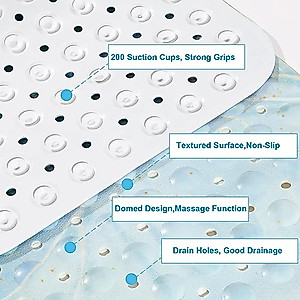 Topotdor Abstract Bathtub Mat Non Slip for Shower Tub, 40 X 16 Inch Extra Long Bath Mat for Adults & Kids, Blue Marble Shower Floor Mat with Suction Cups & Drain Holes, Machine Washable