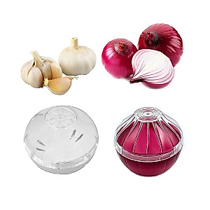 Yamesu Onion Garlic Lemon Avocado Storage Keeper Holder for Fridge, BPA Free Tomato Vegetable Shaped Food Saver/Storage Containers, 5-piece Set Bundle with a Brush