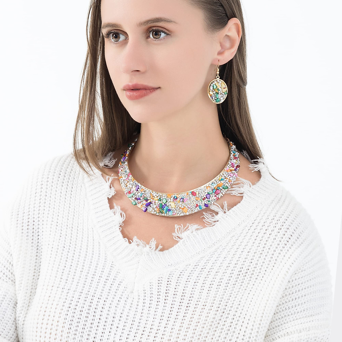 Rhinestone Collar Gold Alloy Metal Necklace For Women Stone Bangle Earring Jewelry Accessories 3pcs Sets (3pcs colorful sets)