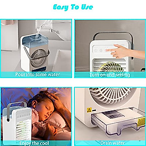 Portable Air Conditioner, 120°Oscillating Evaporative Personal Air Cooler with 4 Speeds Rainbow LED Light,2 Spray Humidify,2/4/6H Timer,600ml Tank,Low Noise, Desktop Office, Home, Bedroom, Dormitory