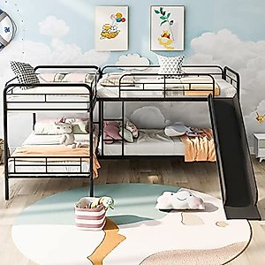 P PURLOVE Twin Over Twin L-Shaped Bunk Bed with Ladder and Safety Guardrail, Metal Bunk Bed Frame with Slide, for 4, Bedroom, Home, No Box Spring Needed, Black