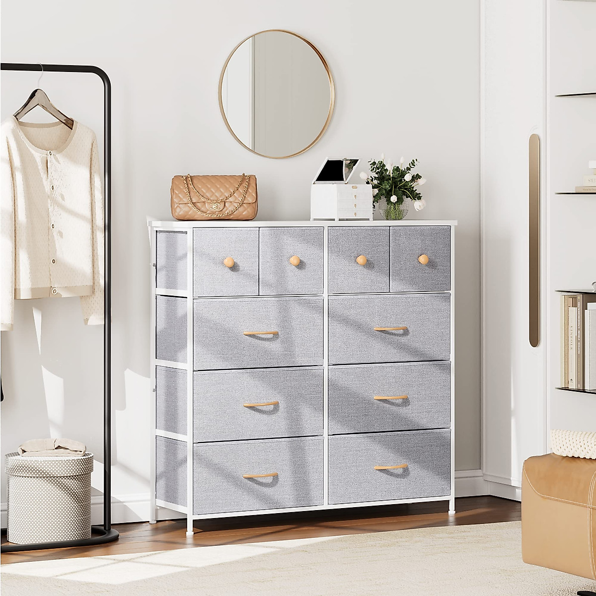 Nicehill Dresser for Bedroom with 10 Drawers, Storage Drawer Organizer, Tall Chest of Drawers for Closet, Living Room, Hallway, Entryway, Fabric Drawers(Light Grey)