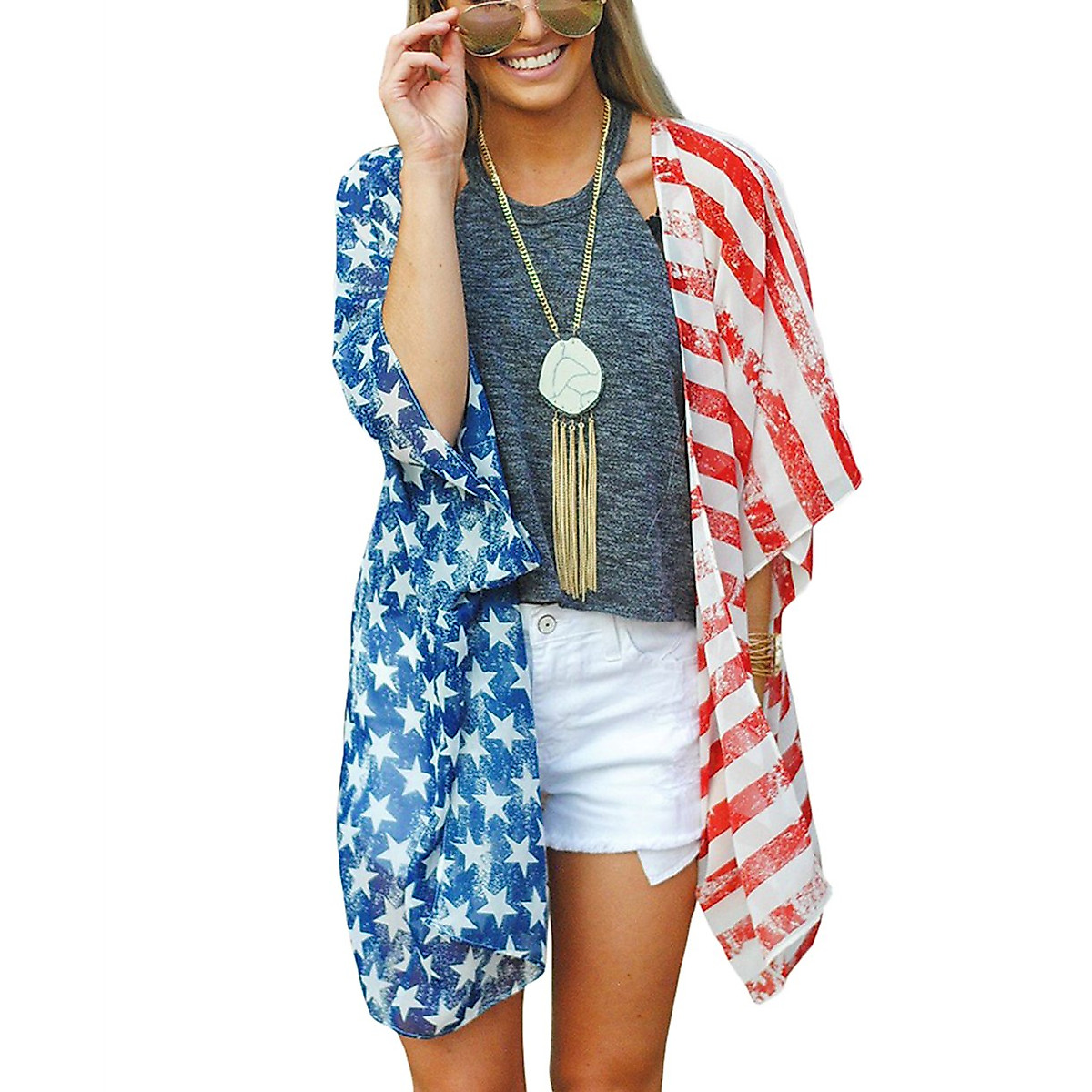 DDSOL Women's American Flag Kimono Cover up Beachwear Cardigan Loose Tops Shirt Blouse(Red One Size)