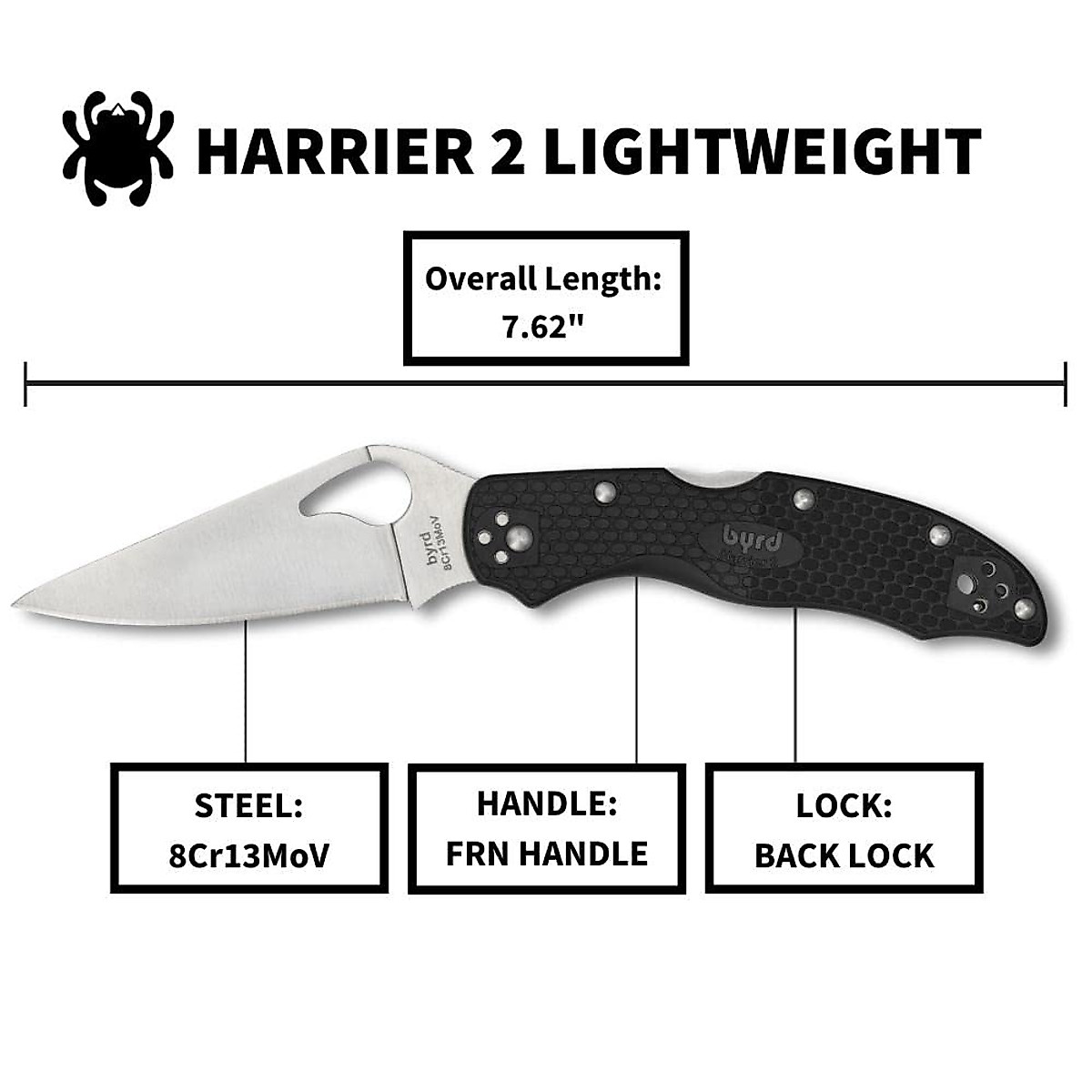 Spyderco Byrd Harrier 7.62" Lightweight Knife with 3.36" 8Cr13MoV Steel Blade and Black Non-Slip FRN Handle - PlainEdge - BY01PBK2