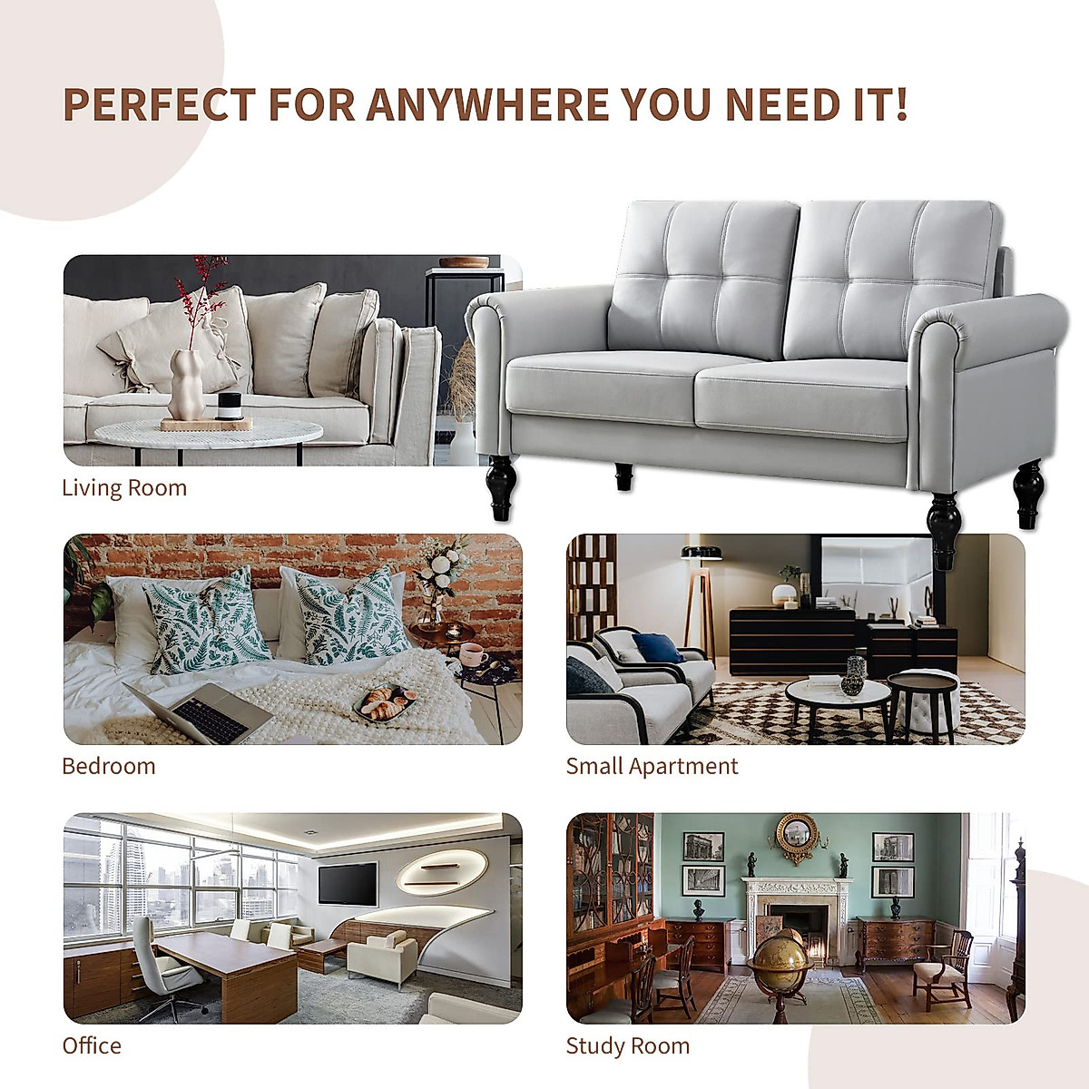 Husbedom 60.6 Inches Loveseat Sofa, Air Leather Small Couches for Small Spaces, Comfy Couch for Living Room, Bedroom, Apartment, Studio, Light Gray