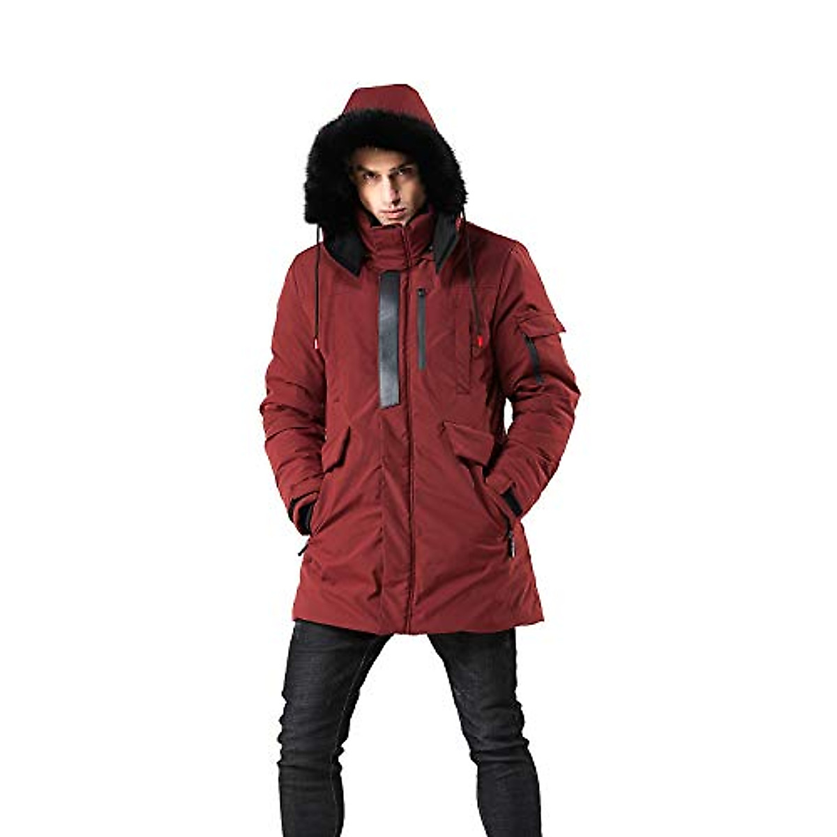 WEEN CHARM Men's Warm Parka Jacket Anorak Jacket Red Winter Coat with Detachable Hood Faux-Fur Trim