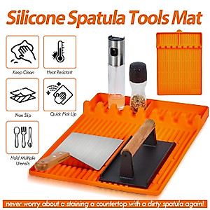 ISSEVE Silicone Griddle Tools Mat for Blackstone, Large Silicone Spatula Mat with Drip Pad, Grill BBQ Caddy Utensils Holder for Kitchen, Cooking & Countertop, Griddle Accessories for Blackstone Orange