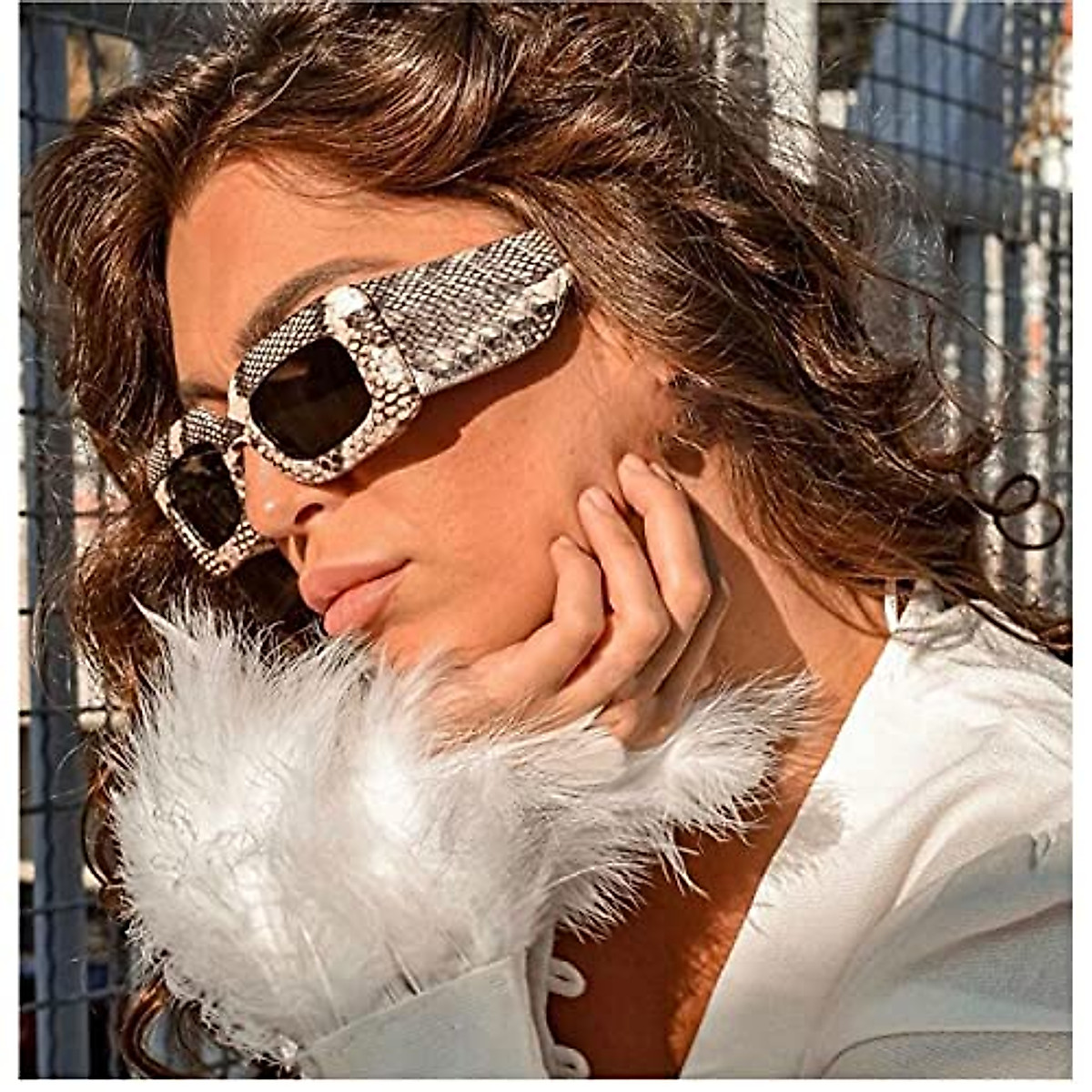 laureles/Square Snakeskin Pattern Rectangle Sunglasses Men Women Vintage Fluorescent Green Shade Glasses (C7)