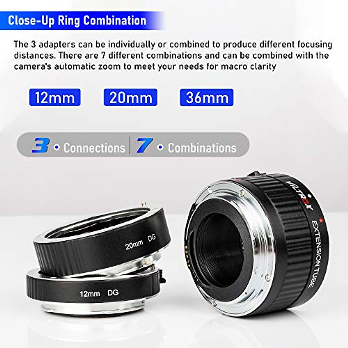 Viltrox Metal Mount Auto Focus Macro Extension Tube Ring Set 12mm 20mm 36mm for Canon EF & EF-S Lens DSLR Camera 760D 700D 90D 80D 70D 5D 6D 7D 1300D Rebel T6 T7 T5 T8i T7i T6i T6s T5i T4i SL3