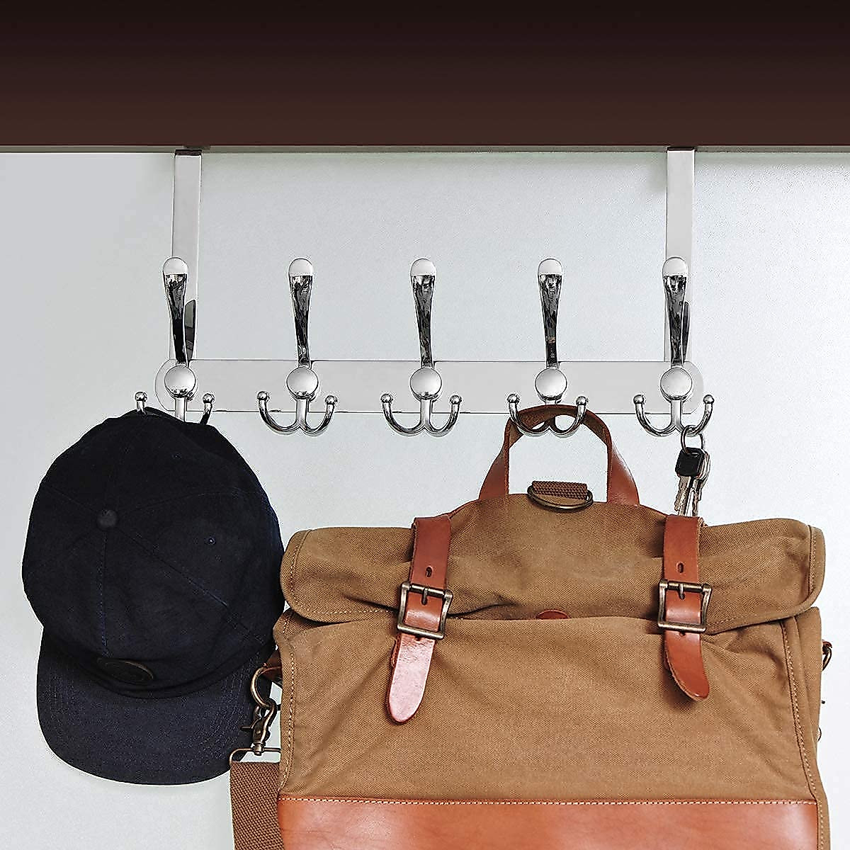 LYLIN Over The Door Hook, TEKI 5 Tri Hooks for 1.6” Thick Door, Over The Door Hook Hanger, Heavy Duty Over Door Rack for Hanging Coats Clothes Hats Robes Towels (Silver, 1.6”)