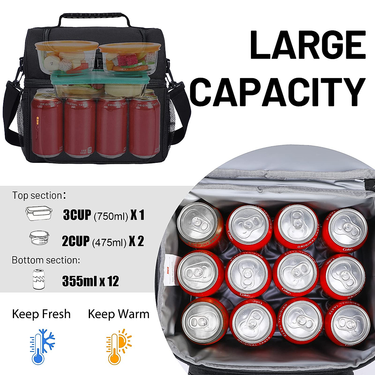 MIER Mens Insulated Lunch Box, Dual Compartment Large Lunch Bag Coolers with Shoulder Strap for Men Women Adult to Office Work, Picnic, Travel, Outdoors, Black