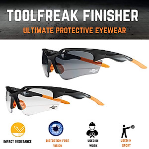 ToolFreak Finisher Safety Glasses Bundle Offer, Clear and Smoke Polycarbonate Lens, Wraparound Lenses with UV and Impact Rating,Neckcord and Carry Pouch