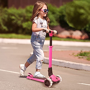 Hurtle 3 Wheeled Scooter for Kids - Foldable Stand Child Toddlers Toy Kick Scooters w/Built-in LED Wheel Lights, Anti-Slip Wide Deck, Adjustable Height, Great for Outdoor Fun -, Pink