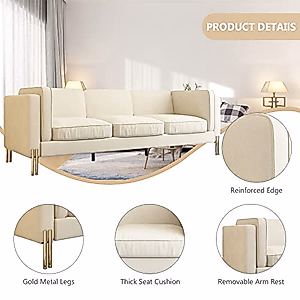 Hommoo 94" W 3 Seat Couch Mid Century Velvet Sofa with Metal Gold Legs Chesterfield with Removable Cushion Comfortable Sofa Couch for Small Apartment Living Room Bedroom Beige