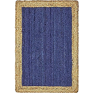 Unique Loom Braided Jute Collection Classic Quality Made Natural Hand Woven with Solid Color Detail, Area Rug, Rectangular 2' 0" x 3' 0", Navy Blue/Tan