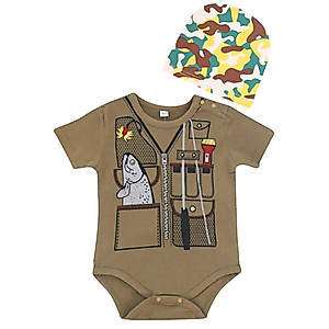 FANCYBABY Baby Boy Fisher Fishing Hunter Camouflage Hat Cap Romper Top Shirt Set Outfit (6 to 9 Months, Fisher)