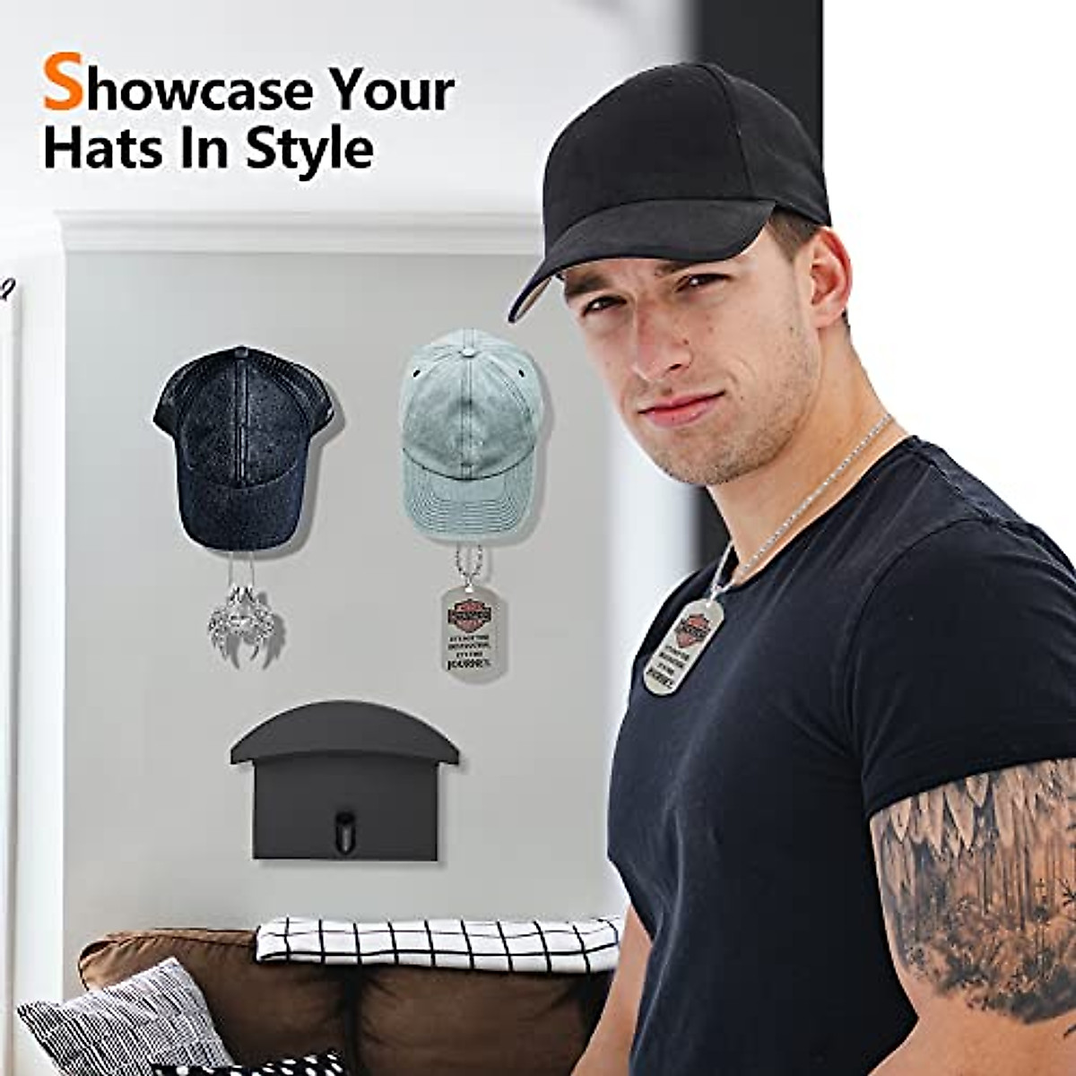 16 Pack Adhesive Hat Hooks For Wall,hat Hooks For Baseball Caps,Upgraded Hooks To Hang Keys/necklaces Wall Hat Rack For Cowboy Hat,No Drilling Stable Cap Organizer Hat Holder,Hat Organizer (black)