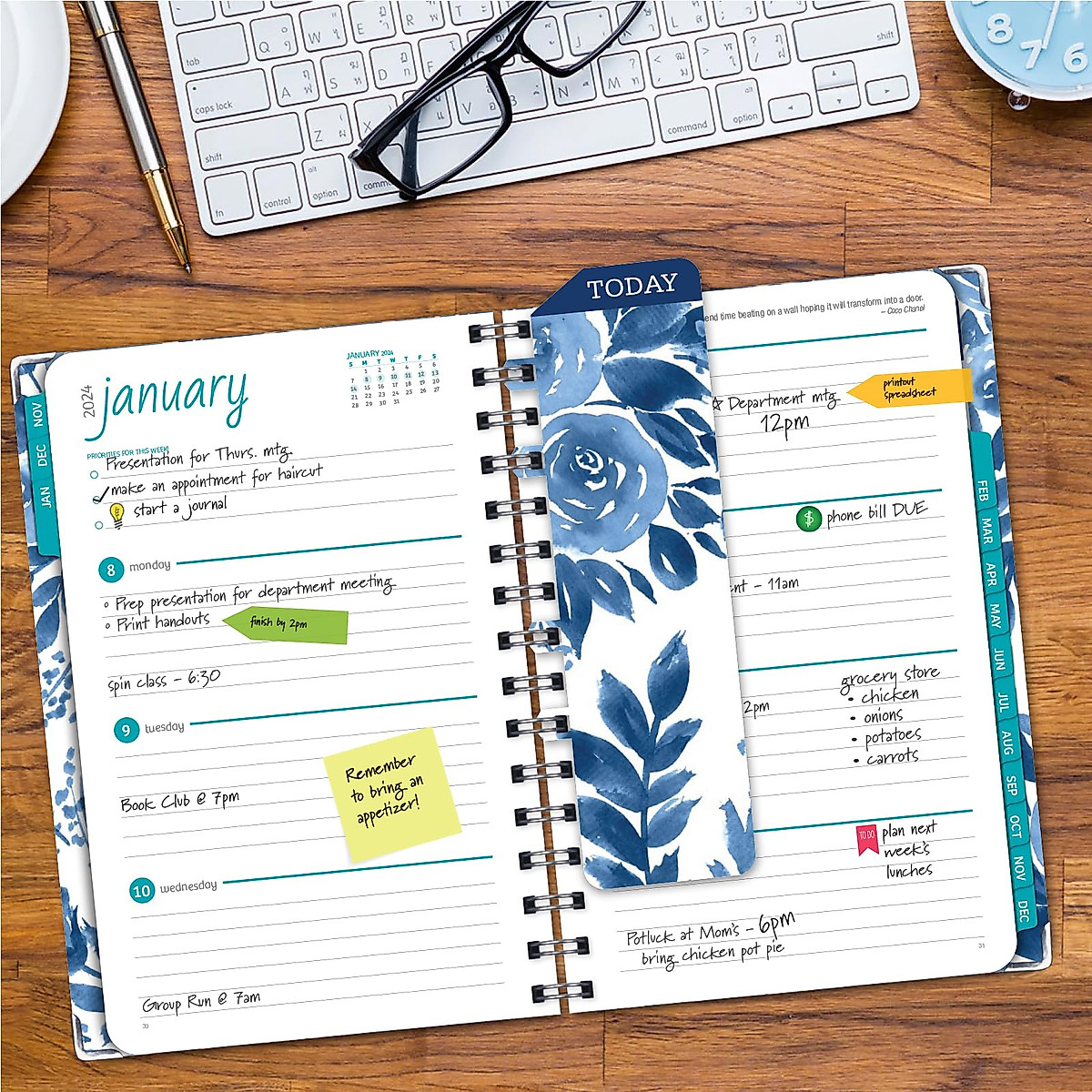 Global Printed Products HARDCOVER 2024 Planner: (November 2023 Through December 2024) 5.5"x8" Daily Weekly Monthly Planner Yearly Agenda Bookmark, Pocket Folder & Sticky Note Set (Blue Bloom)