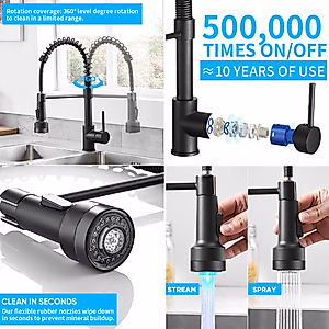 Black Kitchen Faucet with Pull Down Sprayer, WOTOKOL Solid Brass Kitchen Faucets Sprayer Spring Single Handle Commercial Kitchen Sink Faucet with LED Light