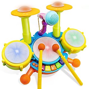 Drum Set for Kids with 2 Drum Sticks and Microphone, Musical Toys Gift for Toddlers… (Green)