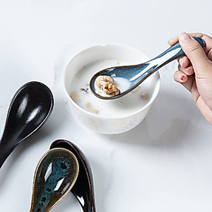 HOKELER Ceramic Asian Soup Spoons 5.6 inch Chinese Japanese Porcelain Soup Spoon for Ramen Pho Miso Wonton, Set of 4 (4 Colors)