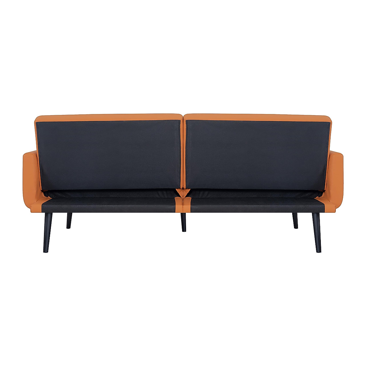 Naomi Home Monica Leather Futon Sofa, Caramel, Mid Century Modern Style, Faux Leather, Split Back, Tapered Legs, Living Room, 78.34x33.85x32.48 inches, 300 pounds Weight Recommendation