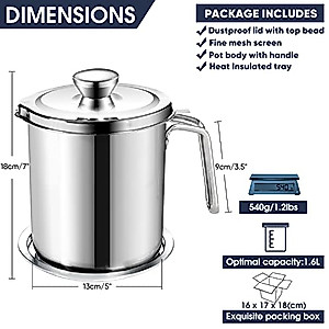 Chihee Grease Container Stainless Steel Bacon Grease Saver with Fine Mesh Strainer 2L / 67.6 fl oz Oil Container Grease Can with Dust-proof Lid Non-slip Tray for Kitchen Storing Frying Cooking Grease
