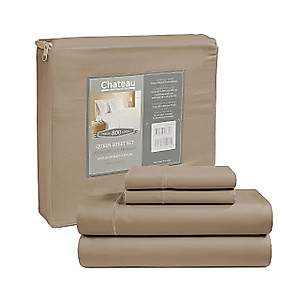 100% Egyption Cotton Cal King Solid Sheet Set & Striped Sheets Set of 2 Combo- 800 Thread Count Sateen Weave Cal KIng Size Solid Sheets & Striped Sheets, Deep Pocket Cotton Bedsheets - Taupe