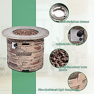 Koncemel Outdoor Propane Fire Pit Table, 32 Inch 40,000BTU Brown Cylinder Concrete Gas Fire Table w Lava Rocks, Cover