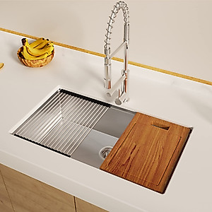 TECASA Workstation Kitchen Undermount Sink, 33 inch Drop-in Sink with Faucet Combo, Dual Mount All-in-One Single Bowl Stainless Steel Sink with Integrated Ledge and Accessories (Pack of 5)