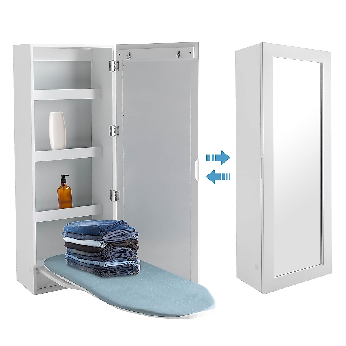 Wall Mount Ironing Board Cabinet, Built-in Swivel Ironing Board Foldable with Storage, Wall Hanging with Mirror, White