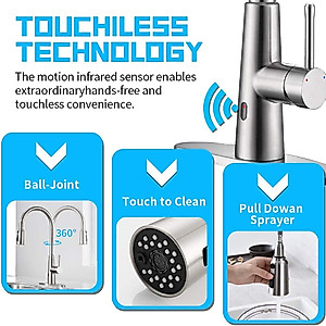 OWOFAN Touchless Kitchen Sink Faucet Pull Down Sprayer Smart Motion Sensor Activated Hands Free Single Handle Kitchen Faucet Brushed Nickel