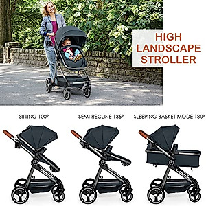 INFANS 2 in 1 High Landscape Convertible Baby Stroller, Newborn Reversible Bassinet Pram, Foldable Pushchair with Adjustable Canopy, Aluminum Structure, 5-Point Harness for Infant & Toddler (Black)