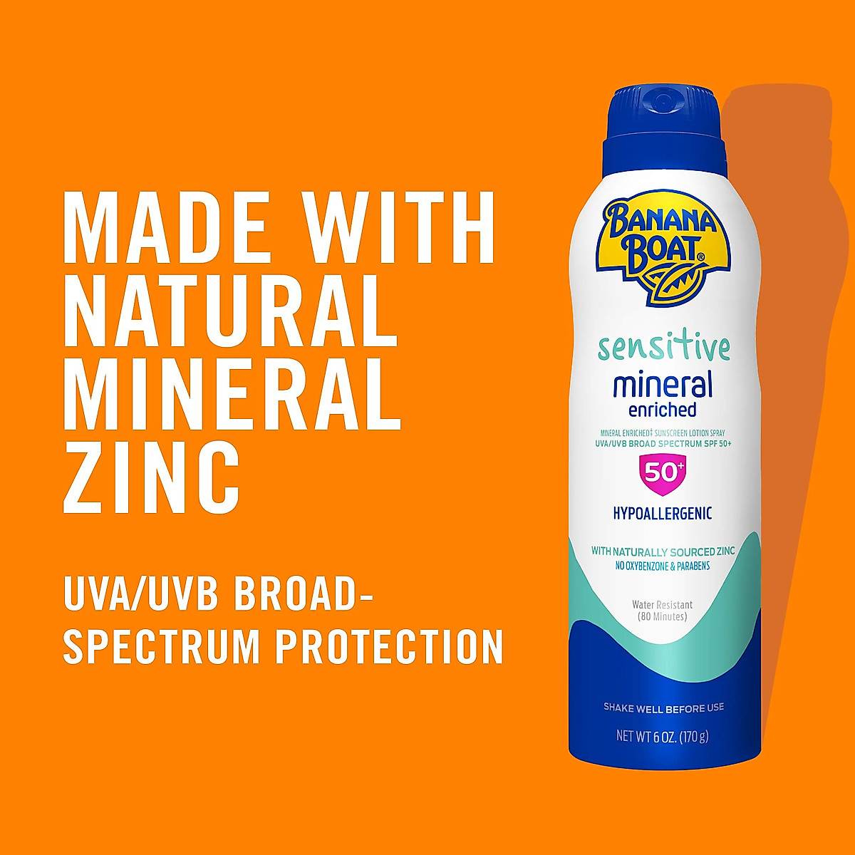 Banana Boat Mineral Enriched Sunscreen, Sensitive Skin, Broad Spectrum Spray, SPF 50, 6oz. - Twin Pack
