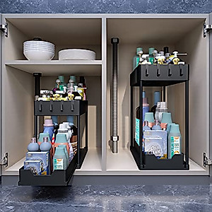 Under Sink Organizers and Storage - Adjustable Height Sliding 2-Tier Pull Out Drawer Rack Multi-Purpose Under Sink Shelf Organizer for Kitchen Bathroom Under Counter Cabinet Storage (Dark Black-2pcs)