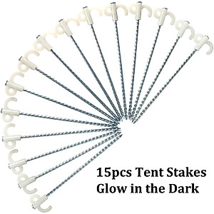 15Pcs Dortanmy 25cm Luminous Metal Camping Tent Pegs with Glow in The Dark Plastic Stopper, Threaded Glow in The Dark Camping Tent Stakes, Durable Steel Glow-in-The-Dark Garden Ground Anchor Pegs