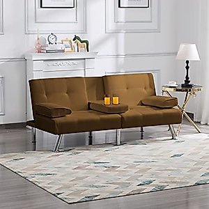 FULife Tufted Upholstered Futon Sofa Convertible Sleeper Couch Bed Daybed Loveseat,Folding Recliner with 2 Cup Holders,Removable Soft Pillow-Top Armrest,3 Angles for Living Room Small Place