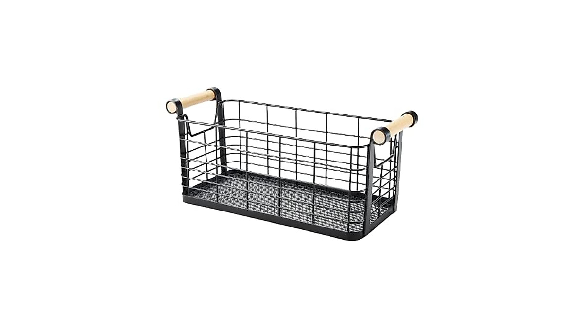 Stylish Black Wire Basket with Wooden Handles for Home Storage