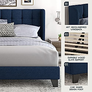 Einfach Queen Upholstered Wingback Platform Bed Frame with Headboard/Mattress Foundation with Wood Slat Support and Square Stitched Headboard/No Box Spring Needed/Easy Assembly, Dark Blue