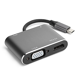 USB C Hub, 4 in 1 C to C VGA USB HDMI Hub Adapter, 4kx2k 30Hz/60Hz Portable Docking Station with C/VGA/USB/HDMI Port，Multiport Splitter for Charging Smartphones/ Keyboard/ Mouse/ USB Memory Stick
