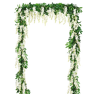 DearHouse 2Pcs 6Ft/Piece Artificial Flowers Wisteria Garland Artificial Wisteria Vine Hanging Flower Greenery Garland for Home Garden Outdoor Wedding Arch Floral Decor (White)