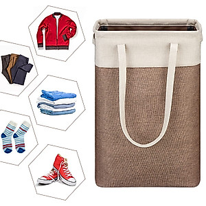 i BKGOO Laundry Basket with Handles Beige&Brown Slim Laundry Bin Collapsible Dirty Clothes Basket Narrow Laundry Bag Foldable Dirty Hamper for Camping, Dorms, Apartments