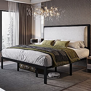 Allewie King Size Metal Platform Bed Frame with Upholstered Headboard, Heavy Duty Steel Structure, Wood Slat Support, Mattress Foundation, No Box Spring Needed, Grey