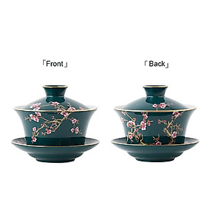 YBK Tech 10oz Large Gaiwan, Porcelain Kung Fu Tea Cup and Saucer with Lid, Chinese Traditional Gaiwan, Sancai Tea Bowl - Embossed Plum Patterns (Green)