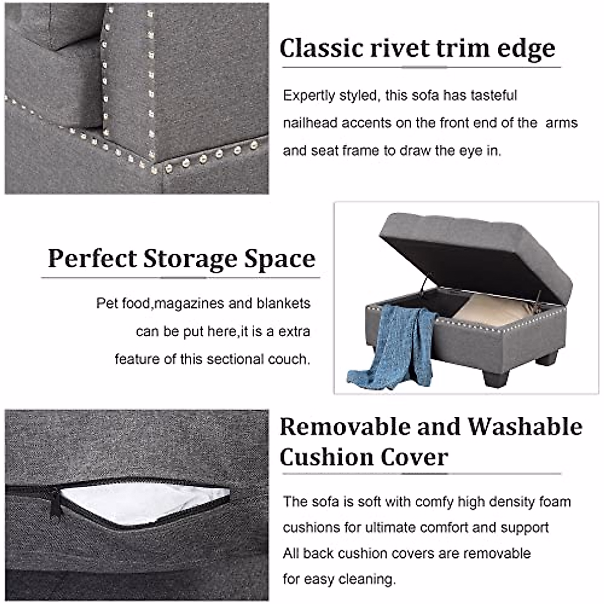 Eafurn L Shaped Sectional Sofa with Reversible Chaise and Drop Down Table & Cupholders, Upholstery Corner Couch with Storage Ottoman, Tufted Convertible Sofa & Couch for Living Room Furniture Set