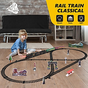ROGALALY Train Set for Kids, Steam Locomotive Train w/Coal Car,Passenger Coach,Cargo Car & Long Tracks,Electric Train Railway Kits w/Smoke,Lights & Sound,Battery-Powered Train Toys Gift for Boys Girls