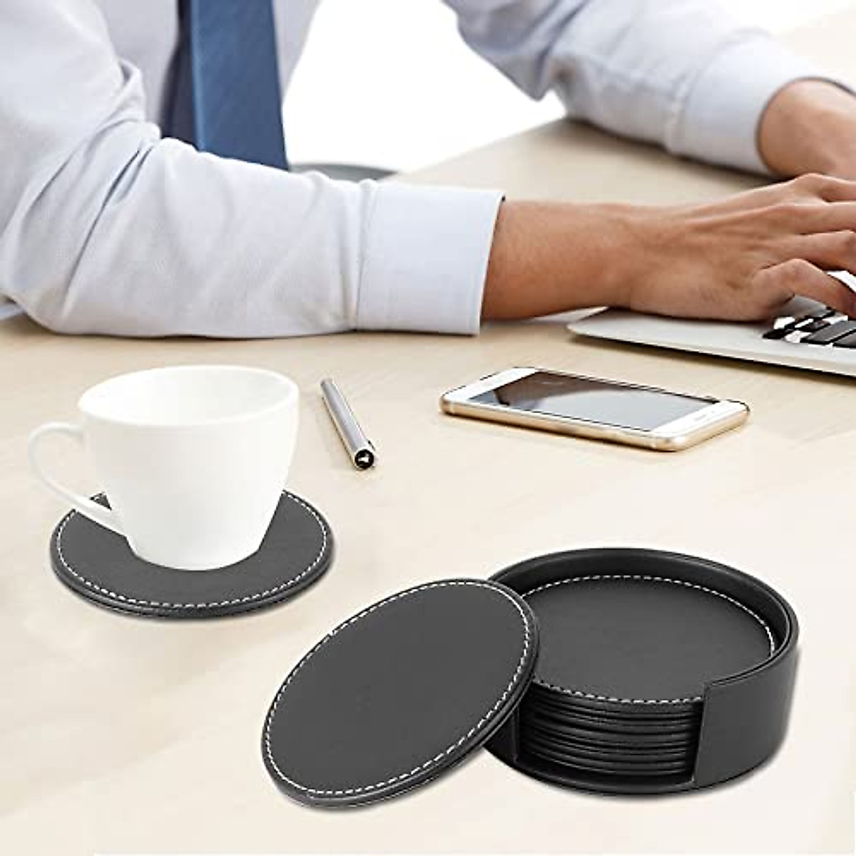 CARLWAY Set of 6 Leather Drink Coasters Round Cup Mat Pad for Home and Kitchen Use Black, 3.94"