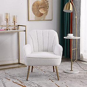 Goujxcy Teddy Barrel Chair Accent Armchair with Golden Legs for Living Room Bedroom Home Office, Tufted Back Club Chair (White3)