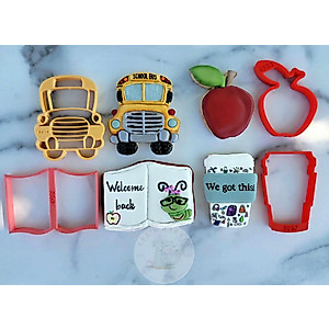 TEACHER COOKIE CUTTERS Education Themed Apple Coffee Latte Mocha Open Textbook Book And School Bus Cookie Cutters For First Day Of School Hundredth Day Teacher Aide Appreciation (4 Pack)