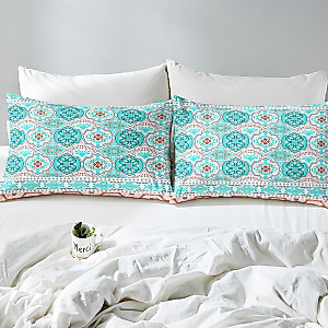 Feelyou Aqua Bed Sheet Set Lattice Boho Sheets Set Queen Size for Girls Women Teens College Bohemian Bedding Set Exotic Floral Tribal Bed Sheets with Deep Pocket Fitted Sheet Room Decor Bed Set
